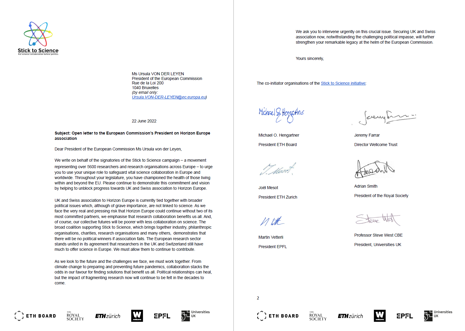 Open letter to EC President Ursula von der Leyen – Stick to Science